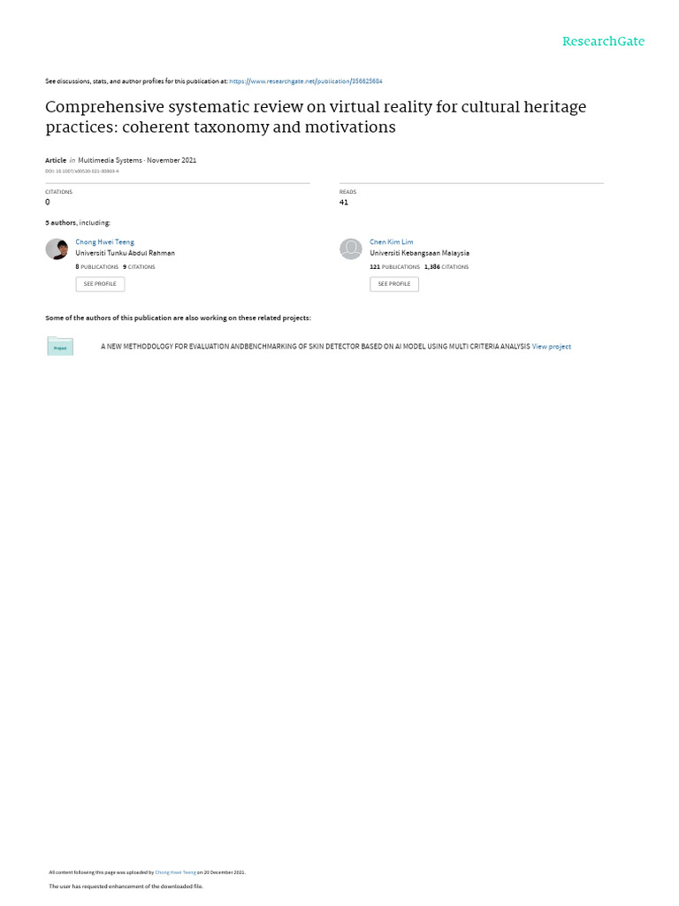 Comprehensive Systematic Review On Virtual Reality For Cultural Heritage Practices Coherent ...