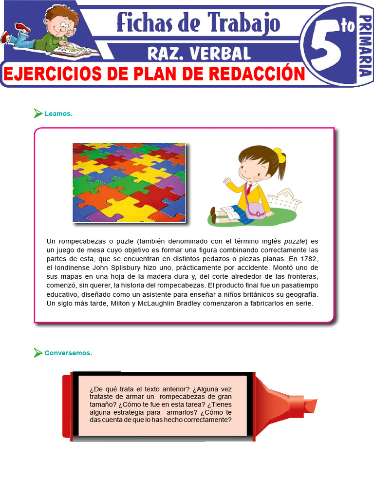 Ejercicios de Plan de Redacción para Quinto Grado de Primaria | PDF