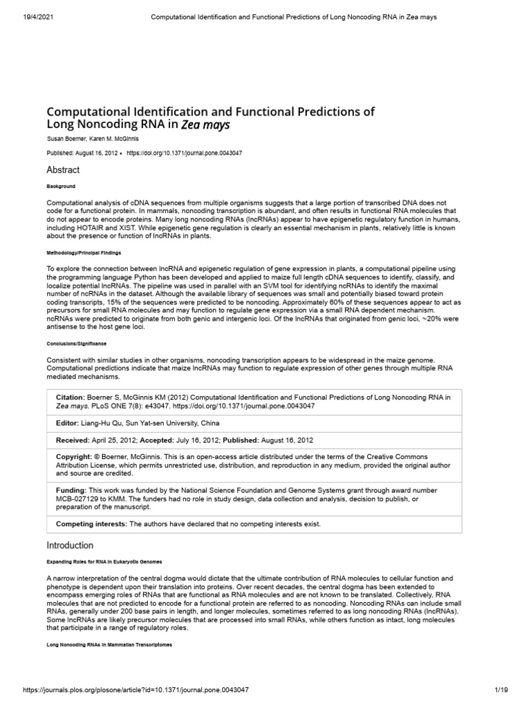 Computational Identification and Functional Predictions of Long Noncoding RNA in Zea Mays | PDF ...