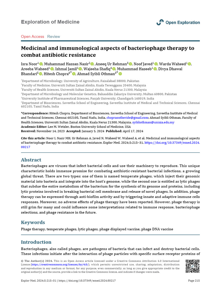 Medicinal and Immunological Aspects of Bacteriophage Therapy To Combat Antibiotic Resistance ...