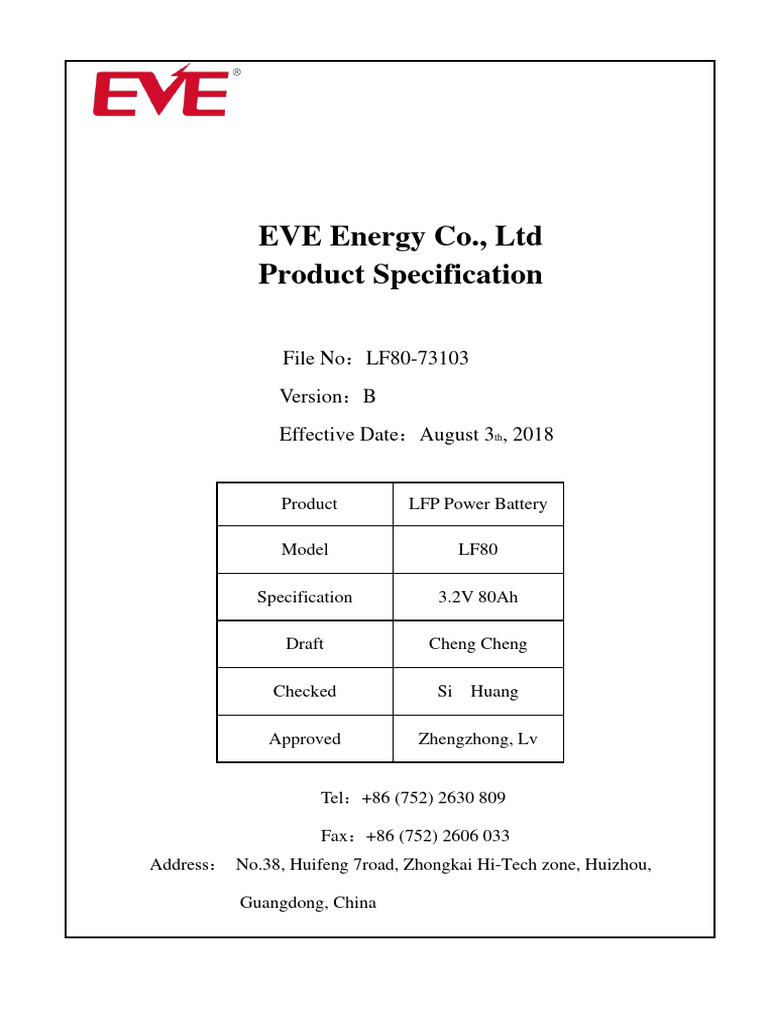 LF80 (3.2V 80ah) Product Specification (Version B) .2018-8-03 EVE | PDF ...