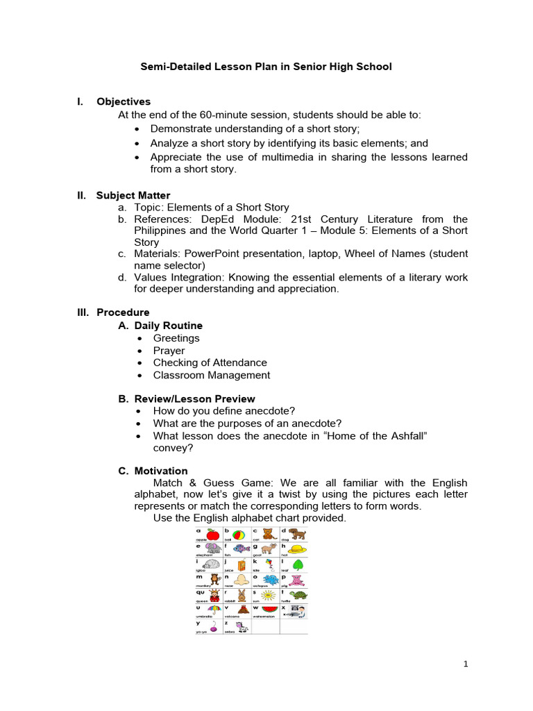 Elements of a Short Story Lesson Plan | PDF | Narration | Plot (Narrative)