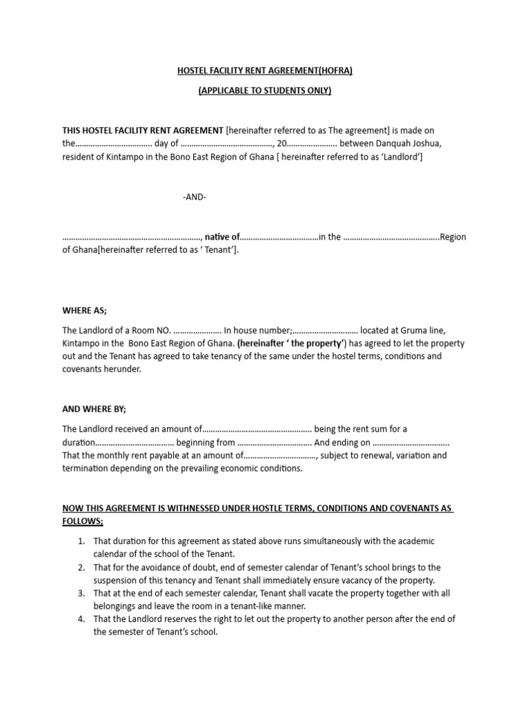 Hostel Facility Rent Agreement | PDF | Leasehold Estate | Landlord