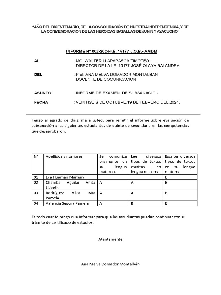 Informe de Examen de Subsanación Quinto | PDF