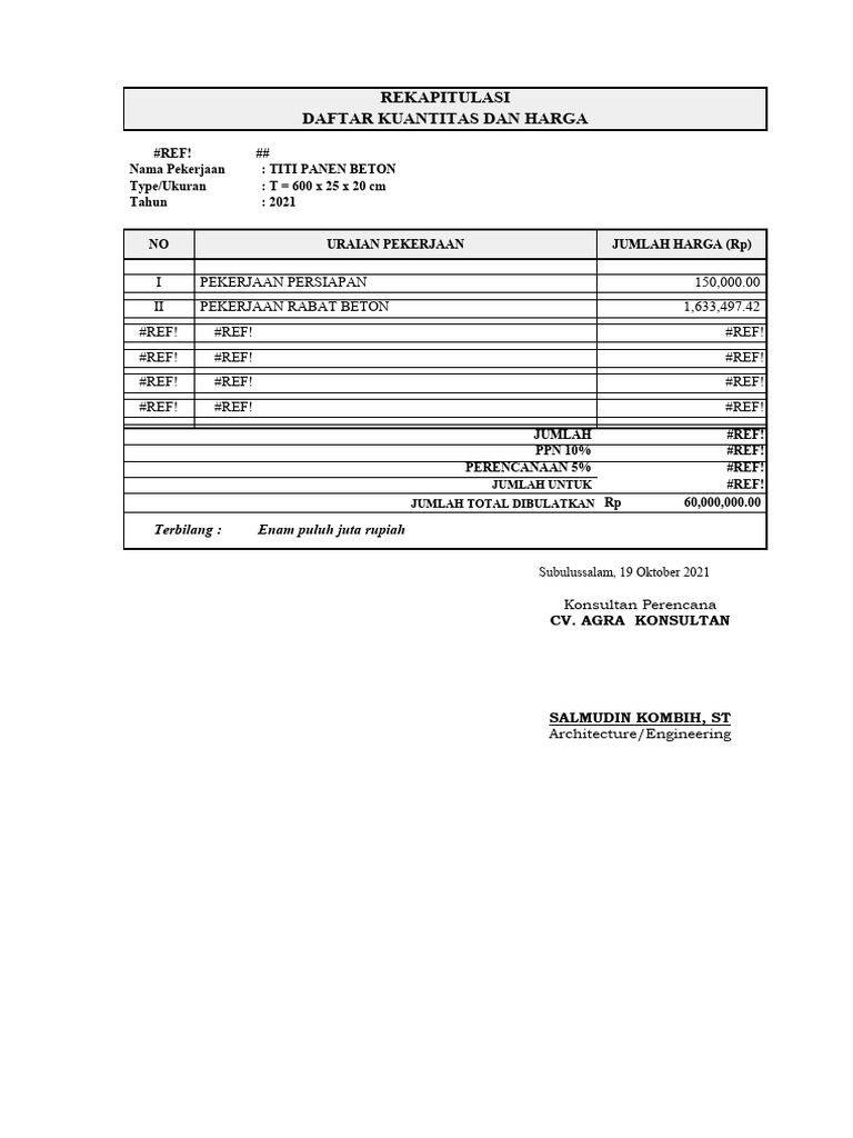 Pekejaan Rabat Beton Jalan Kantor PLN UP3 Subulussalam | PDF