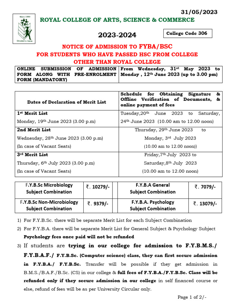 Notice For Fyba Fybsc | PDF