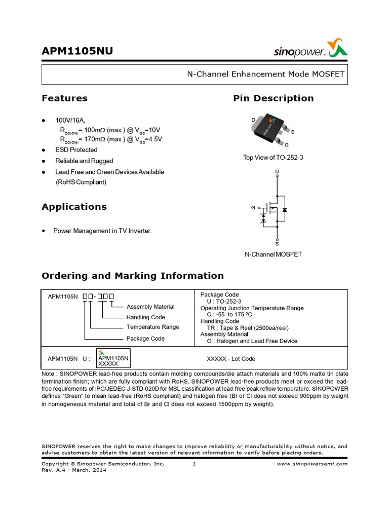 APM1105NU Sinopower | PDF | Diode | Field Effect Transistor