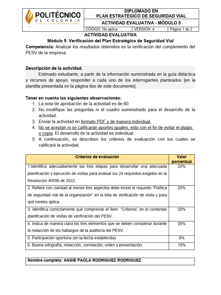 Verificación del PESV: Módulo 5 | PDF | Planificación | Auditoría