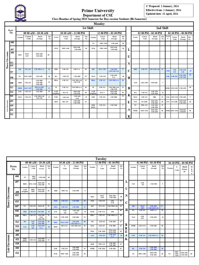 21.4.24 Routine CSE Day Spring-24Bi-Semester | PDF