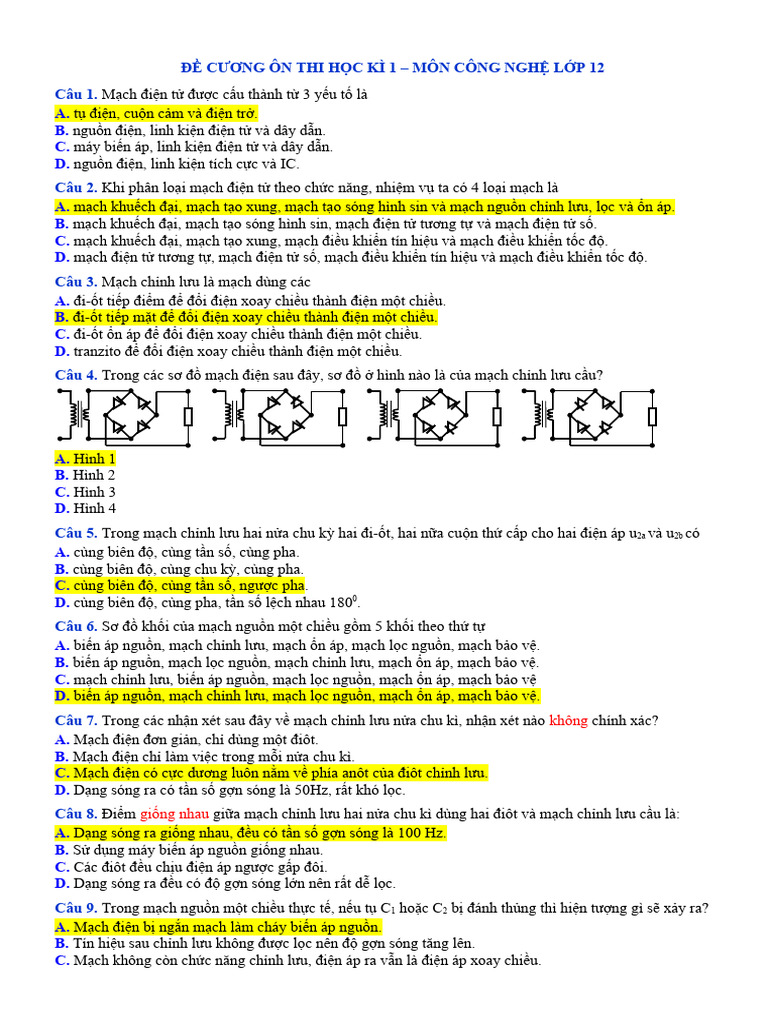 Congnghe12-De Cuong Cau Hoi TN HKI-gui HS | PDF