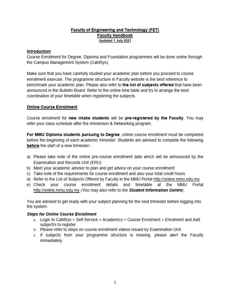 MMU FET Course Enrollment Guide | PDF | Course Credit | Academic Term