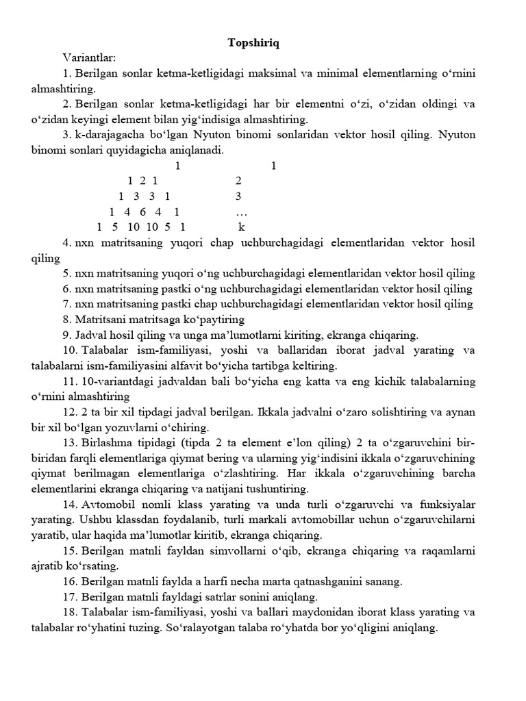 1 Amaliyot (Standart Turlar) | PDF