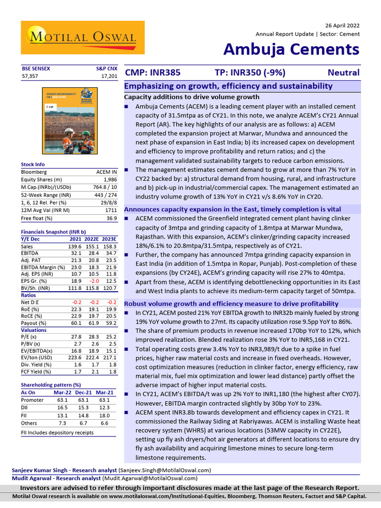 Motilal Oswal Ambuja Cements Annual Report Update | PDF | Cement | Infrastructure