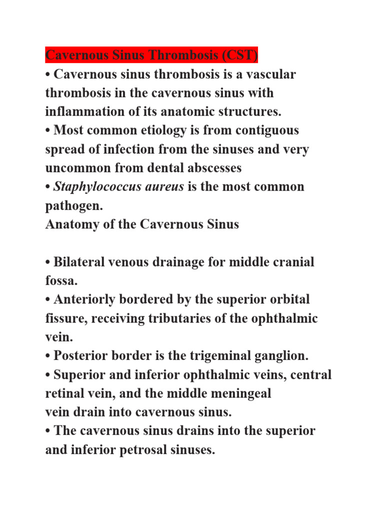 Cavernous Sinus Thrombosis Overview | PDF | Vein | Cardiovascular System