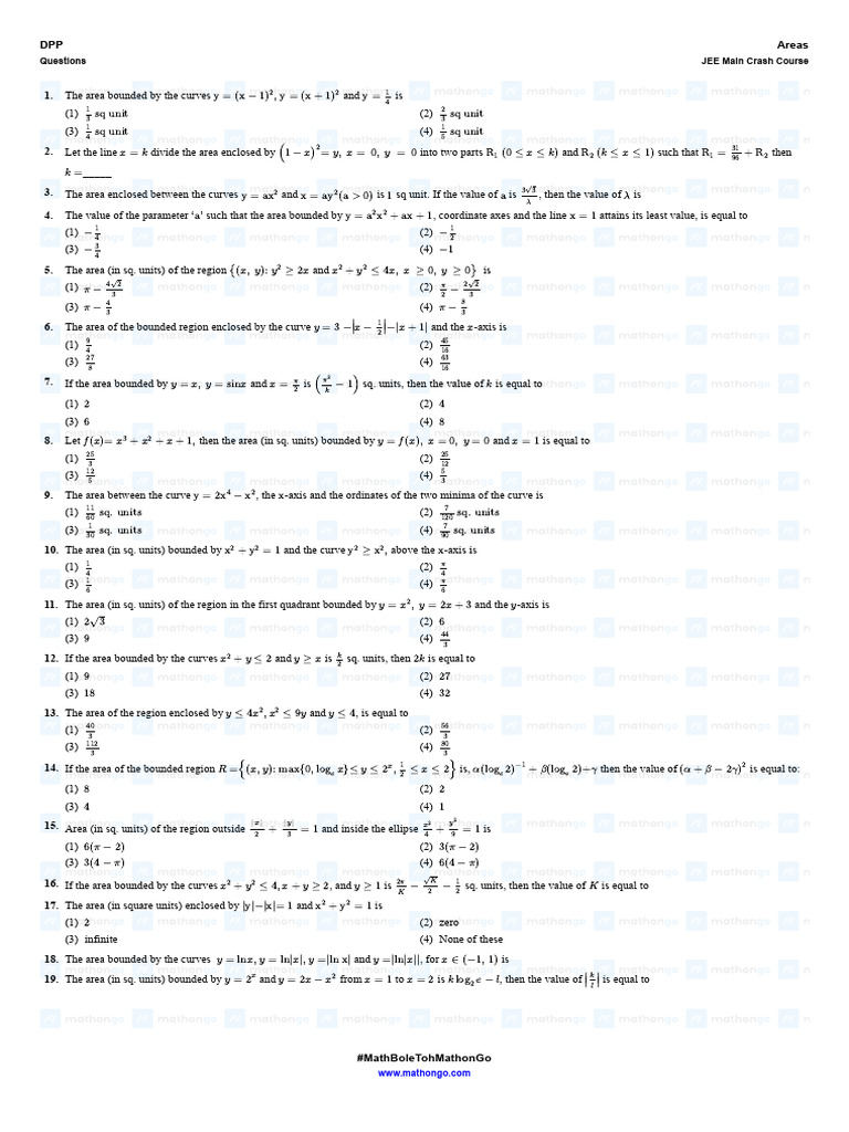 Question DPP Areas JEE Main Crash Course MathonGo | PDF | Function (Mathematics) | Area
