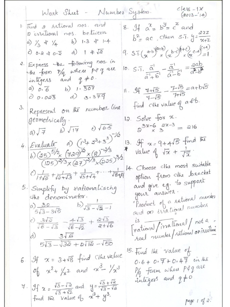 CBSE Class 9 Mathematics Worksheet - Number System | PDF