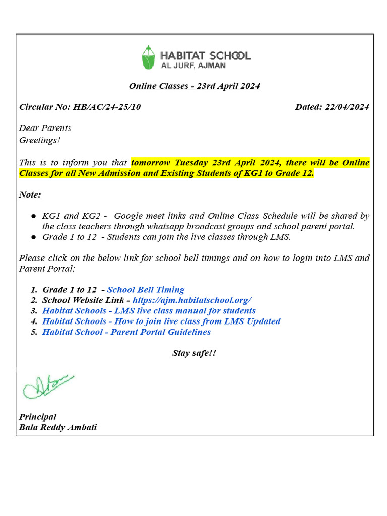 Online Classes Notice for Parents | PDF