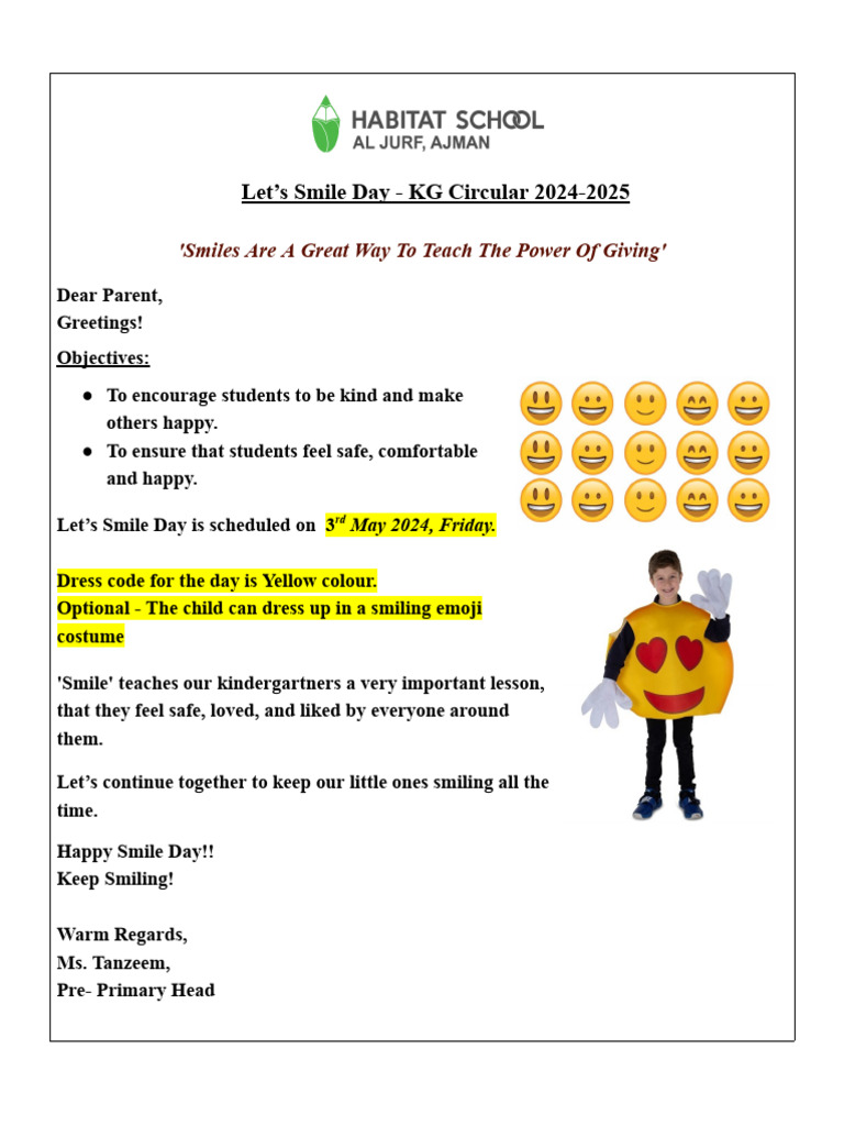 Let's Smile Day - KG Circular 2024-2025 | PDF