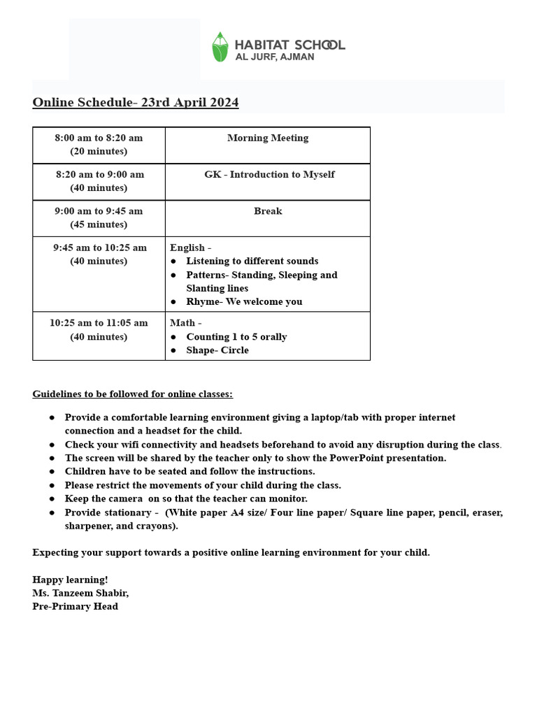 KG 1 Online Schedule - 23rd April 2024 | PDF | Language Arts & Discipline