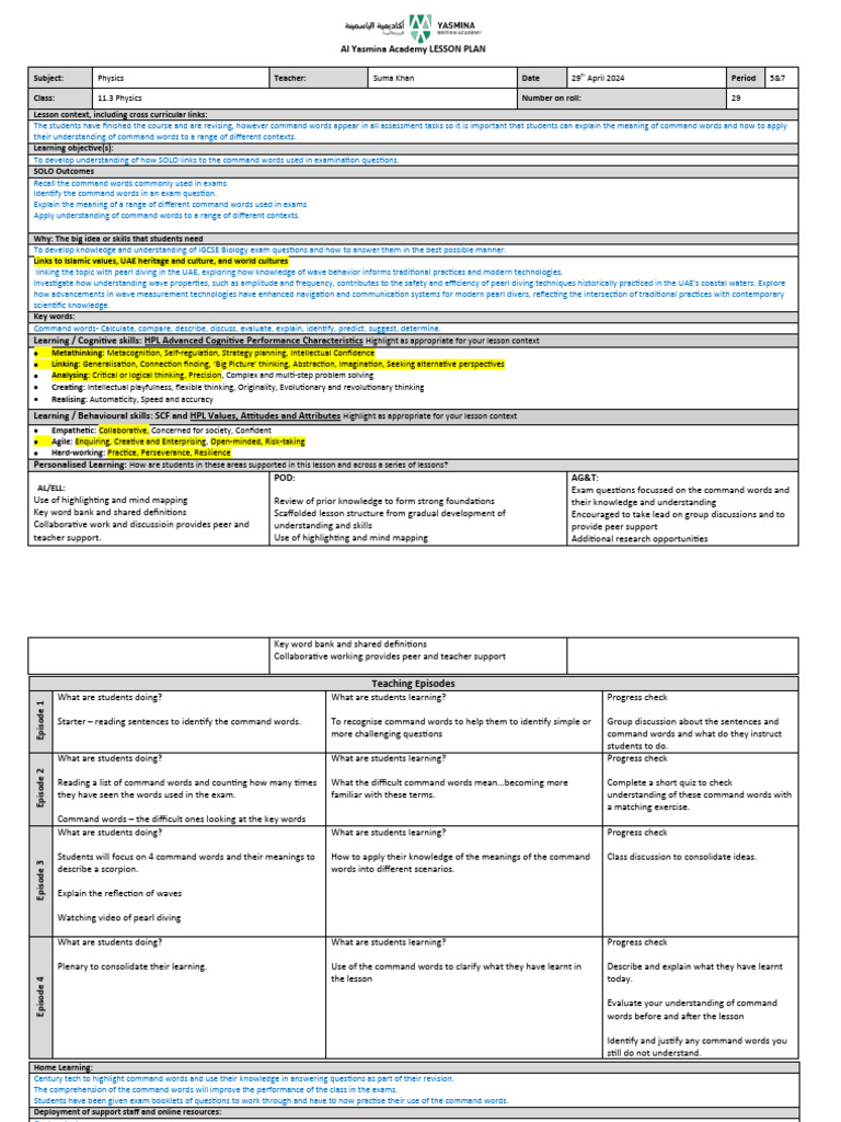 Y11 Period 5 and 7 SKH Lesson Plan | PDF | Knowledge | Learning