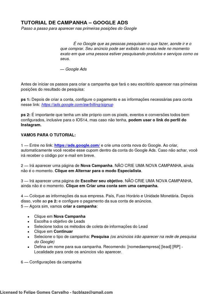Tutorial de Campanha - Google Ads | PDF | Publicidade