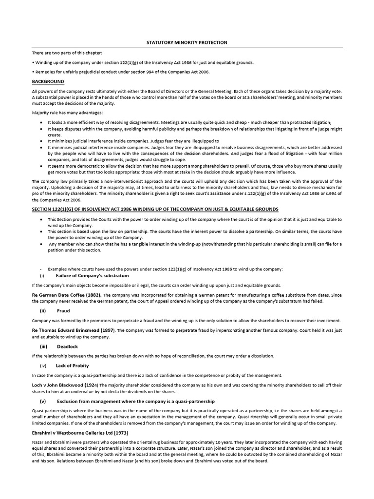 DLS - Statutory Minority Protection | PDF | Liquidation | Legal Remedy