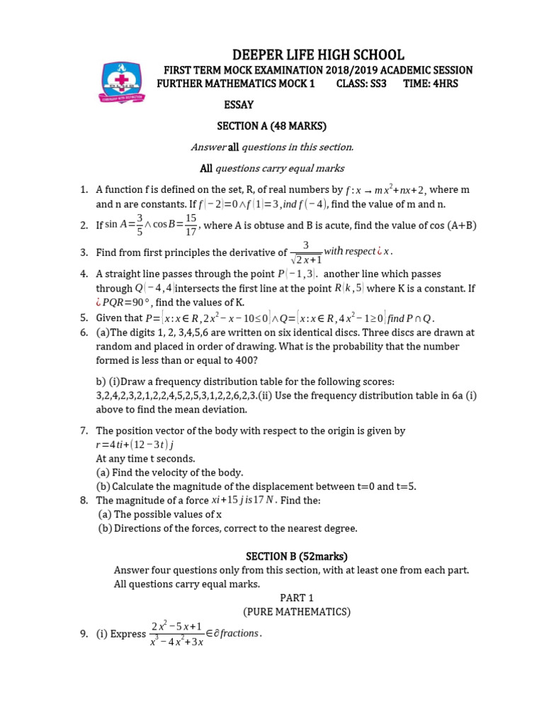SS 3 Further Maths Mock Exam | PDF | Force | Euclidean Vector
