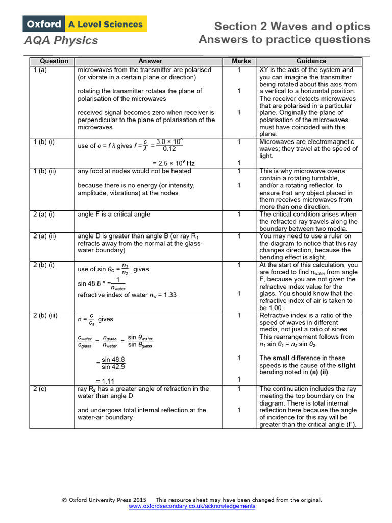 AQA AS Physics Section 2 Answers | PDF | Polarization (Waves) | Refraction