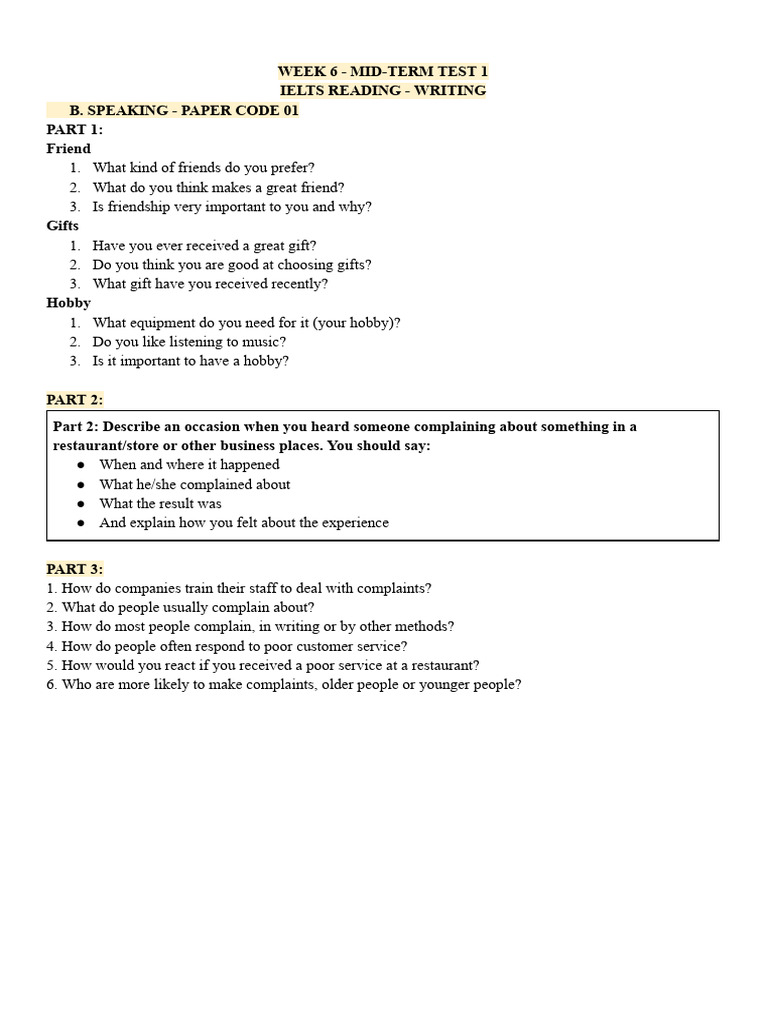 W6 - Test Speaking | PDF | Vocabulary | Grammar