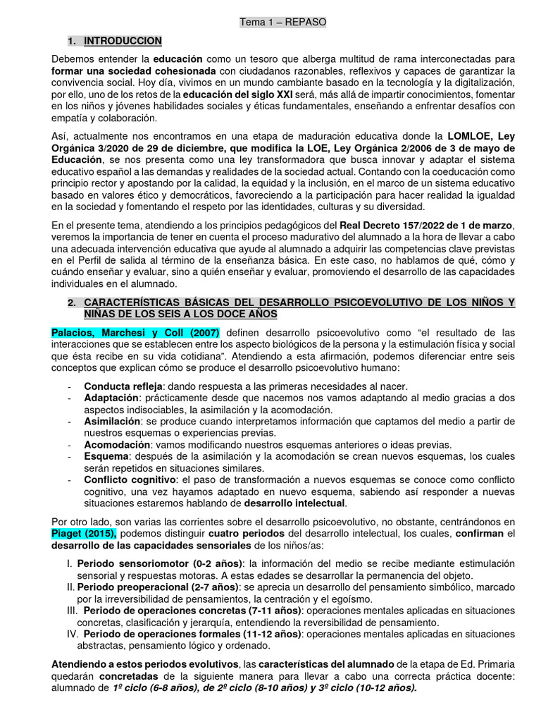 Autoevaluación Tema 1 Oposiciones Primaria | PDF | Pensamiento ...