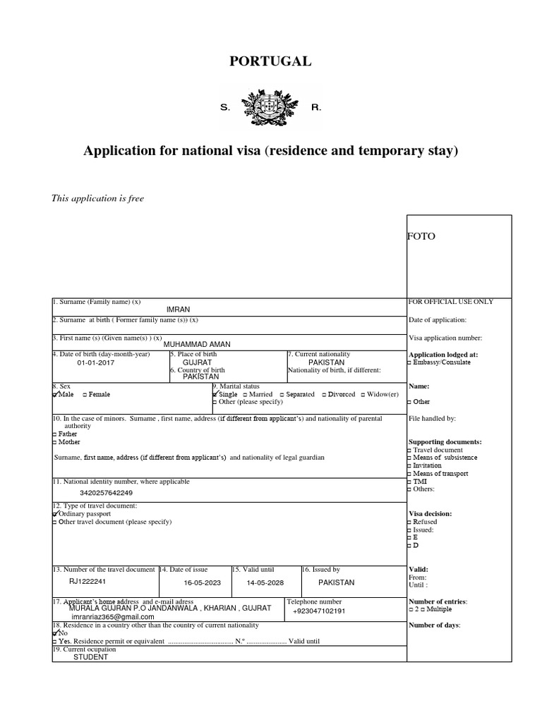 Application-form-pt-national-visa-EN - AMAN | PDF | Travel Visa | Stored Value Card