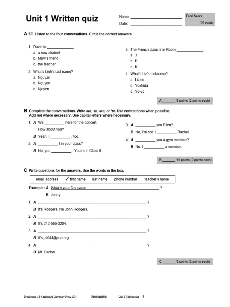 Unit 1 Written Quiz for Students | PDF