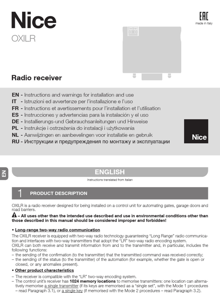 Manual Nice Oxilr Radio Receiver Two Way | PDF | Electrical Connector ...