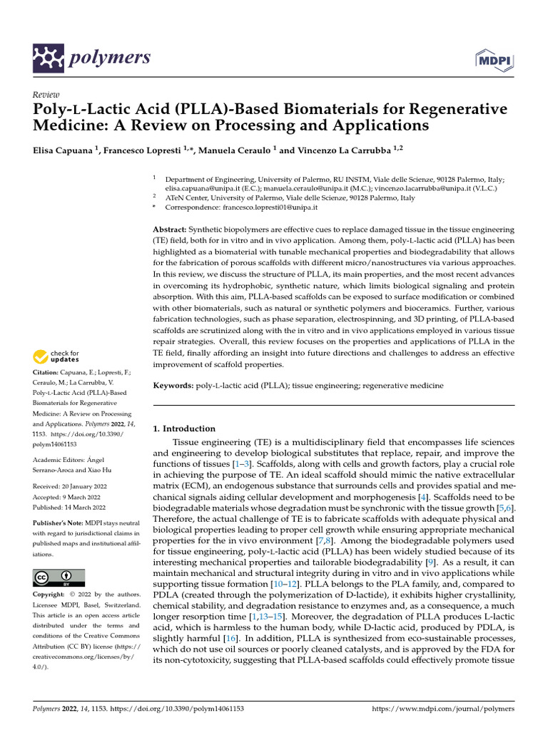 Poly-l-Lactic Acid (PLLA) - Based Biomaterials For Regenerative Medicine A Review On Processing ...