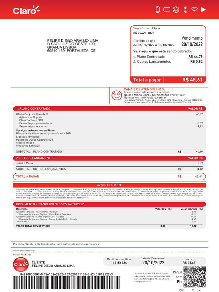 Fatura Claro | PDF | Serviços financeiros | Bancos