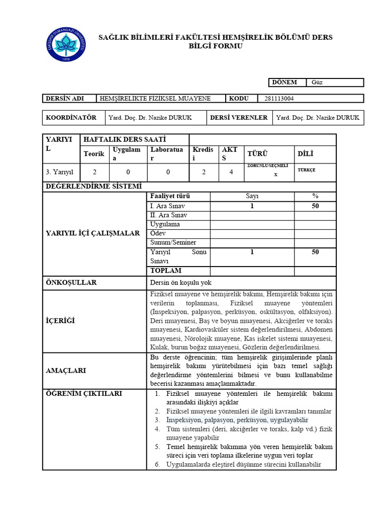 Hemşi̇reli̇kte Fi̇zi̇ksel Muayene | PDF