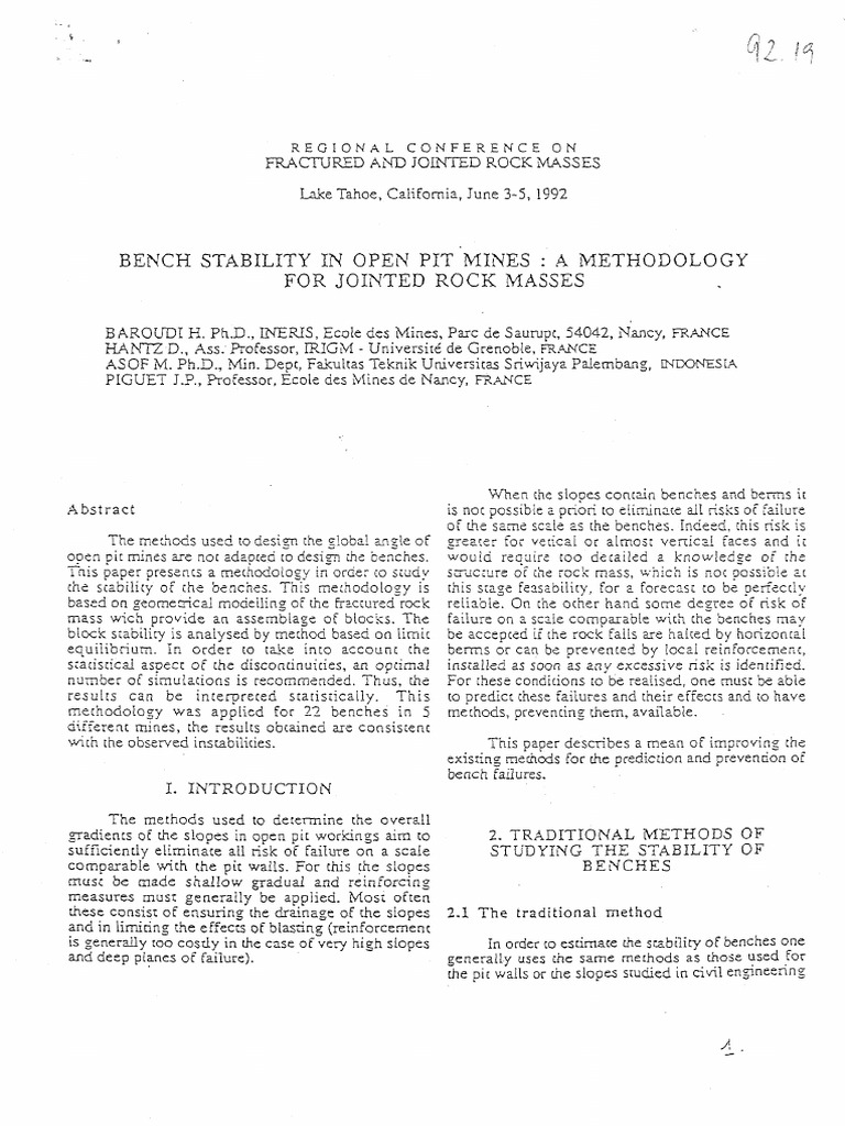 Bench Stability in Open Pit Mines A Methodology | PDF | Simulation | Probability