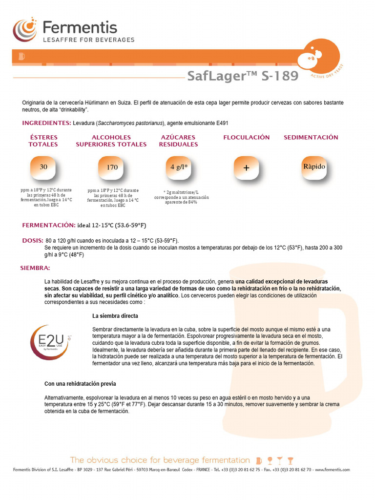 SafLager - S-189 | PDF | Fermentación | Cerveza