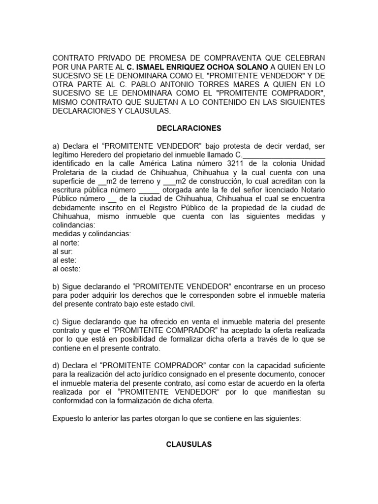 Machote Contrata Promesa de Compraventa | PDF