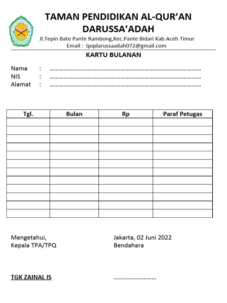 Kartu SPP Ngaji Tpa TPQ | PDF