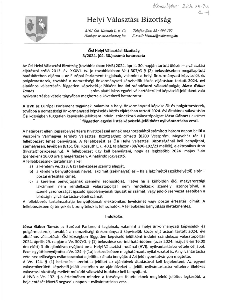 03 HVB Hat Józsa Gábor Tamás Képviselő Jelölt Nyilvántartásba Vétele | PDF
