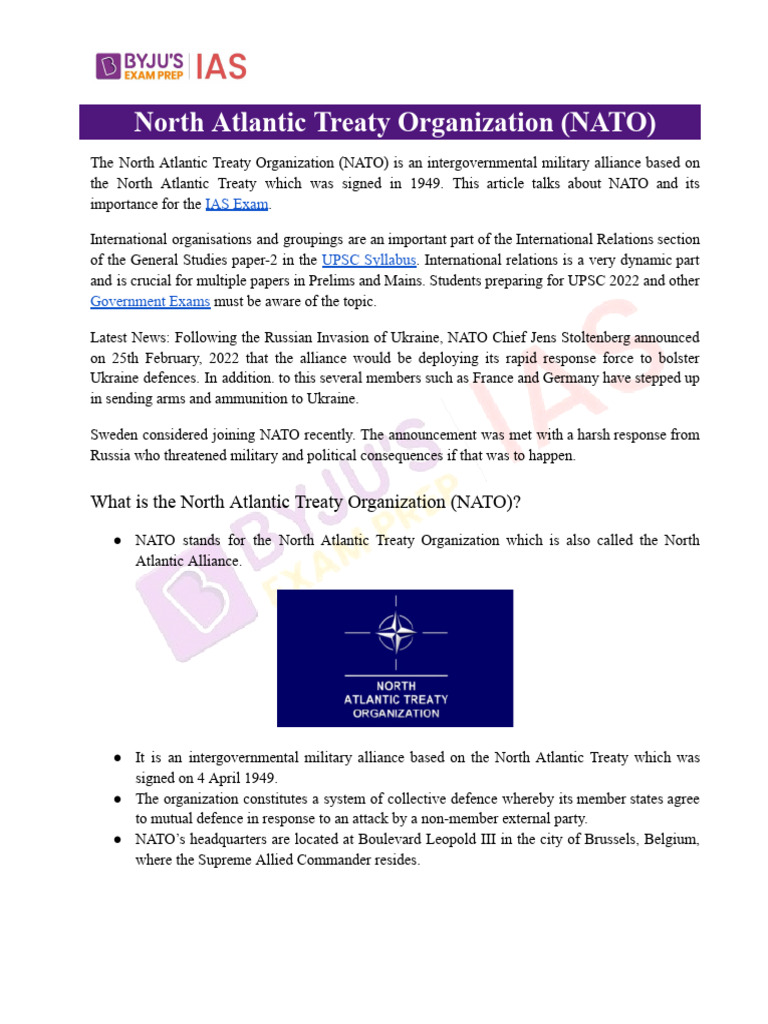 BYJUS Exam Prep North Atlantic Treaty Organization NATO 2023 | Download Free PDF | Nato | Non ...