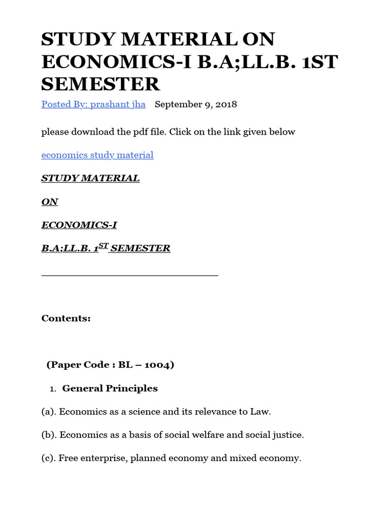 Economics Study Material for B.A. LL.B. | PDF | Demand | Supply (Economics)