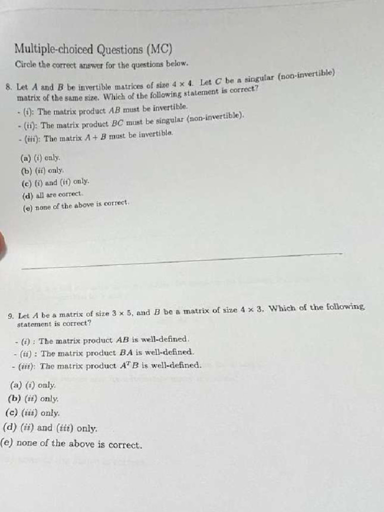 Linear Algebra Final (Last Semester MCQ) - 1 | PDF