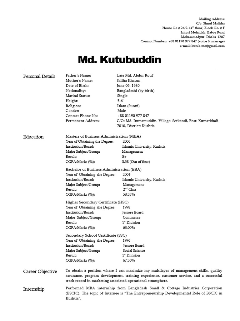 CV of Md. Kutubuddin | PDF | Business