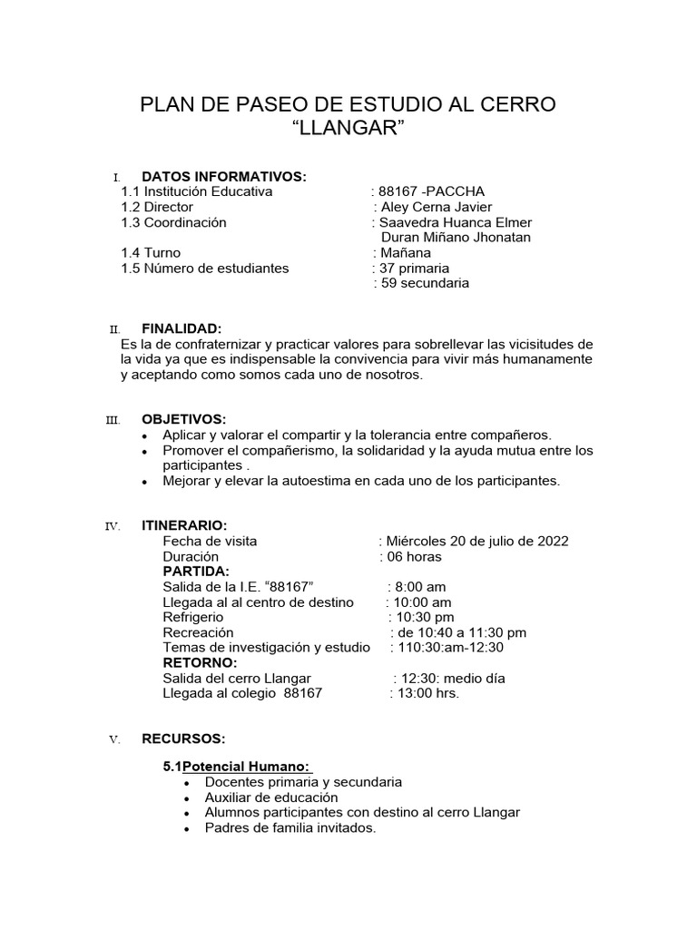 Plan de Paseo de Estudio Al Cerro | PDF