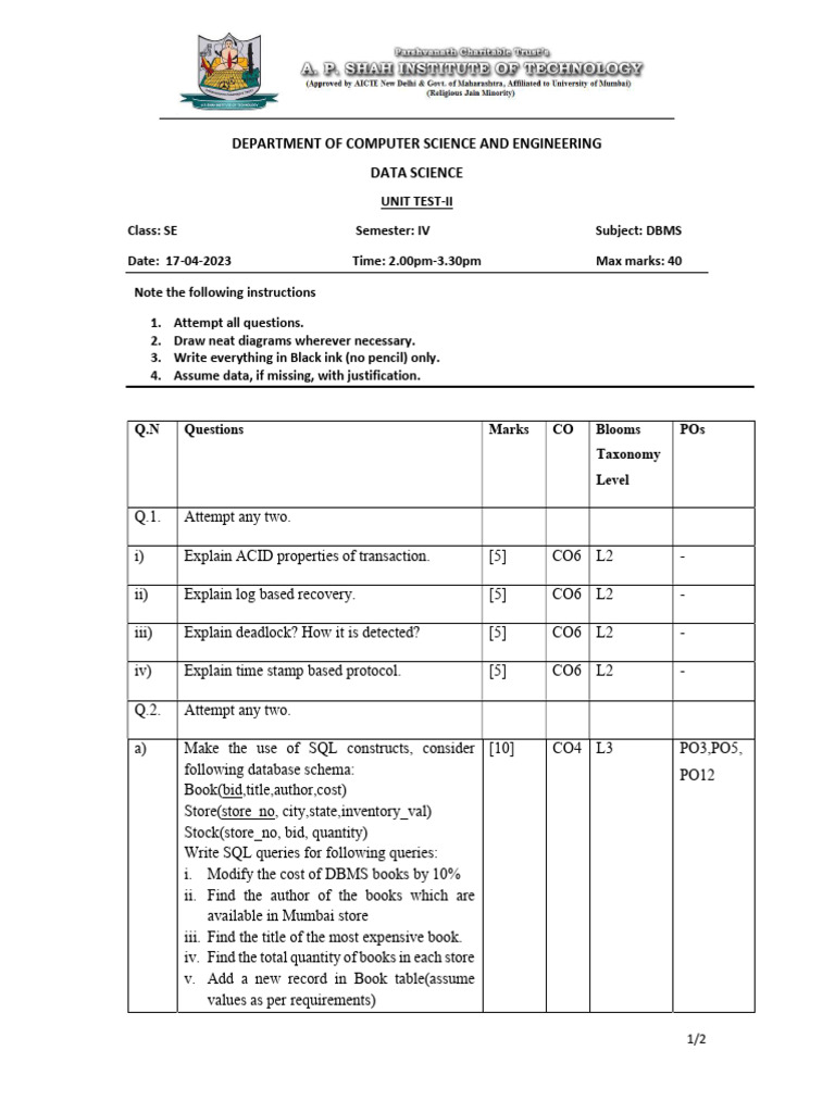DBMS - Ia2 QP DS | PDF | Databases | Sql DBMS - Ia2 QP DS | PDF | Databases | Sql