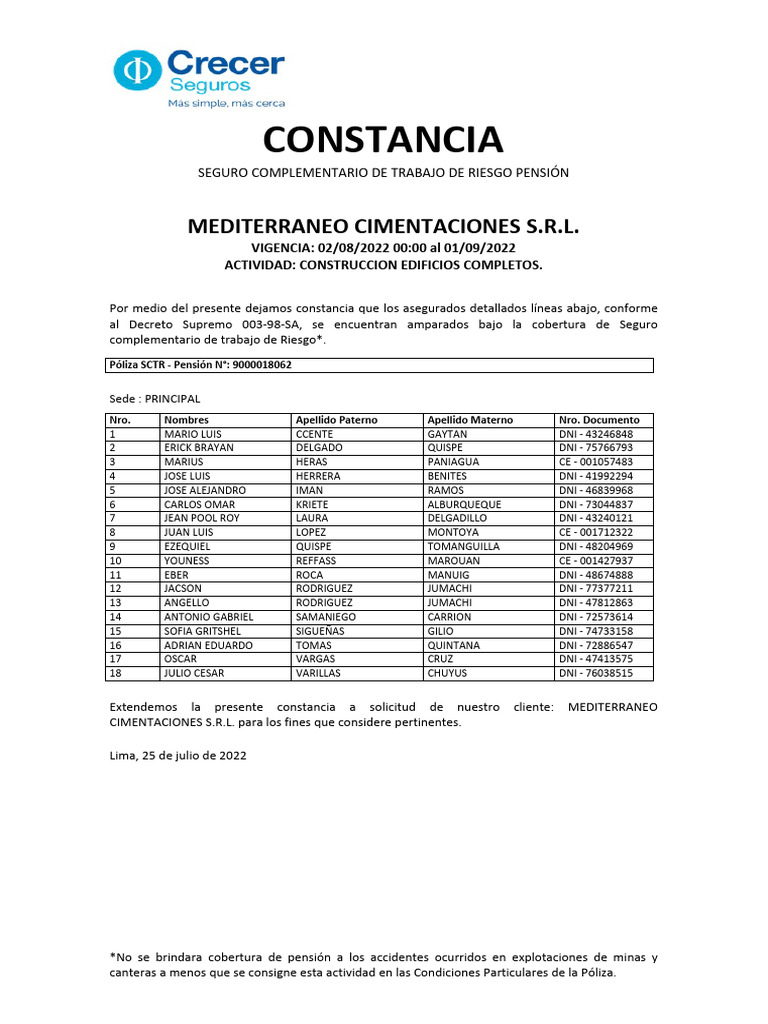 Constancia SCTR Pension Agosto Mediterraneo | PDF
