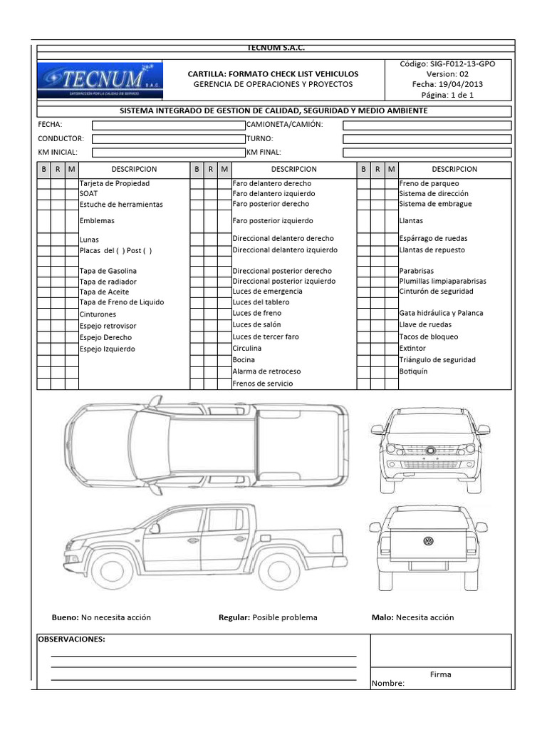 Check List de Vehículos para Operaciones | PDF | Tecnologías ...