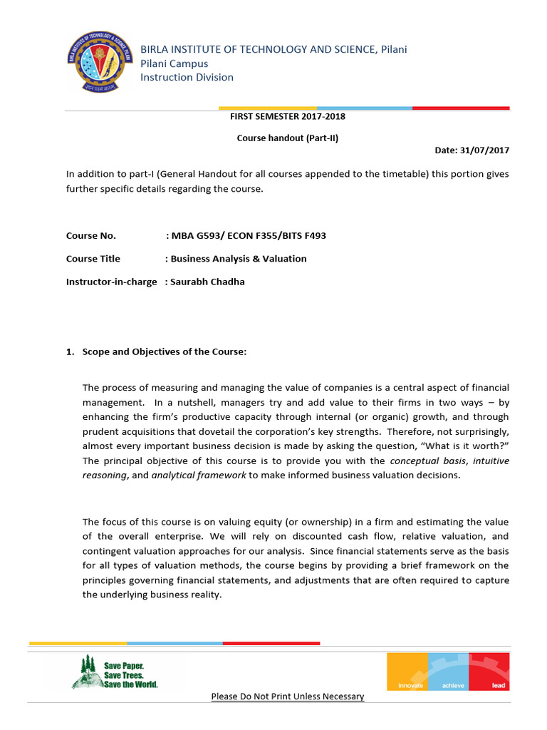 Mba g593 Econ f355 Bits f493 Business Analysis and Valuation | PDF | Valuation (Finance ...